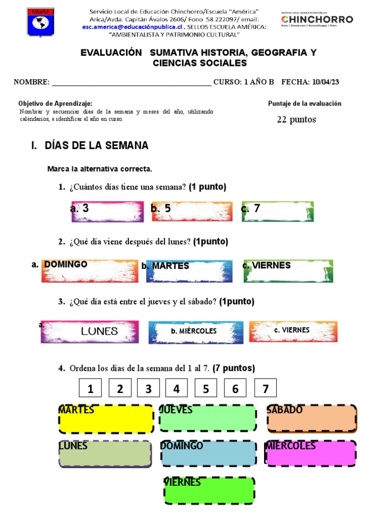 PRUEBA SUMATIVA DIAS DE LA SEMANA | PDF