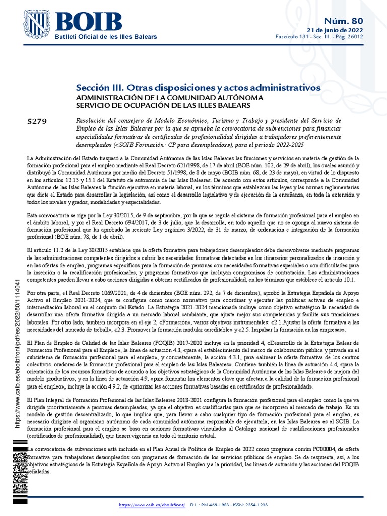 Boib 80 21.03.22 Desocupats CP 22-25 Es | PDF | Otorgar dinero) | Desarrollo profesional