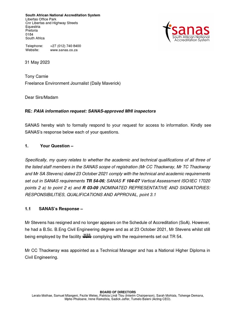 SANAS Letter to Tony Carnie 31 May 2023 - Signed | PDF