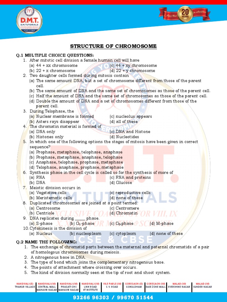 10th (ICSE) - (BIOLOGY) - Structure of Chromosomes.... Practice Set | PDF