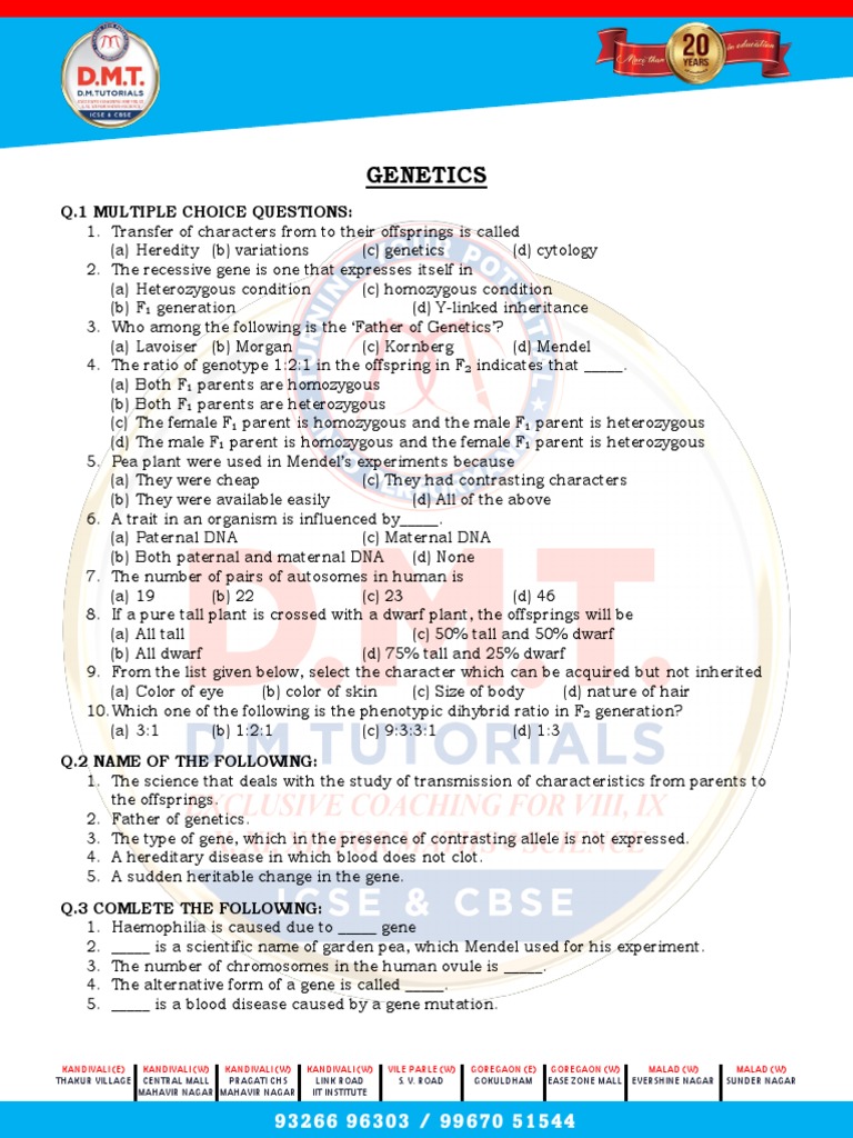 10th (ICSE) - (BIOLOGY) - Genetics.... Practice Set | PDF | Zygosity | Genetics