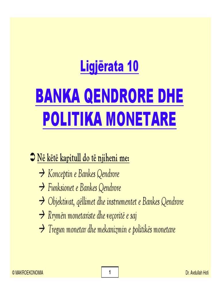 Banka Qendrore Dhe Politika Monetare: Ligjërata 10 | PDF