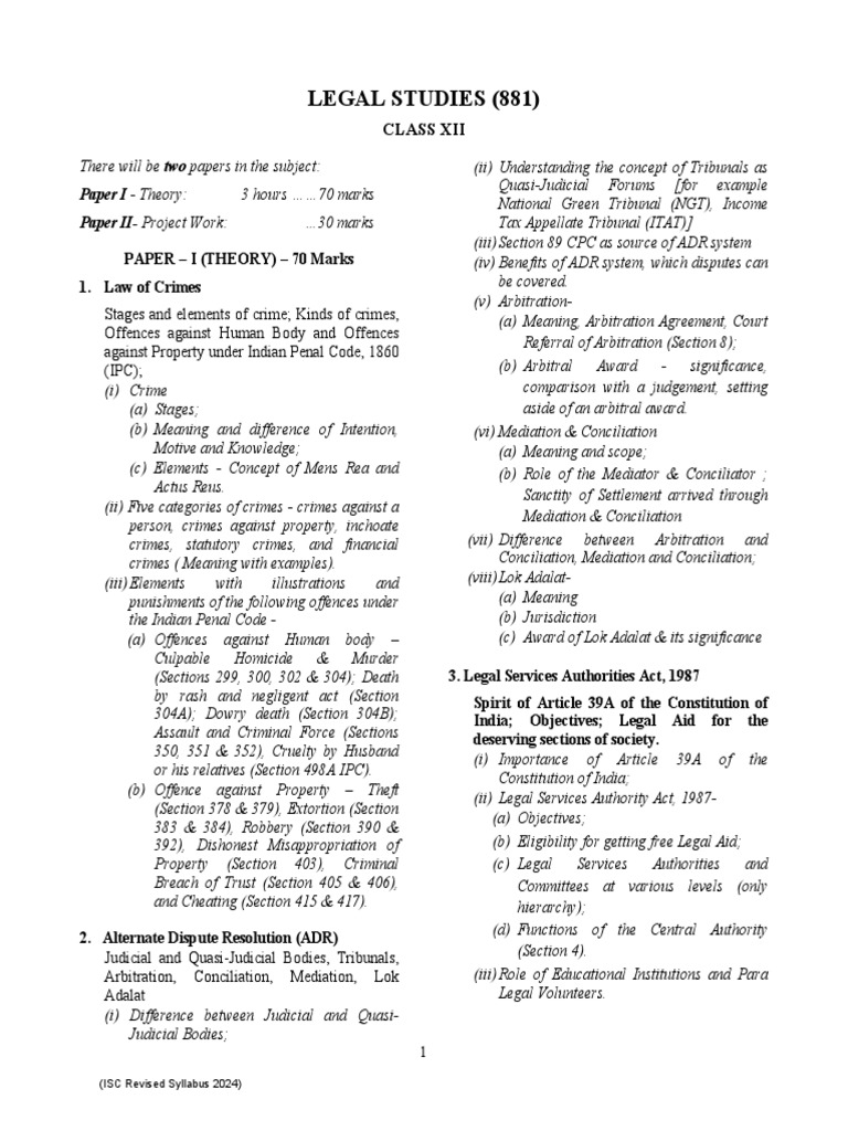 Class XII Legal Studies Syllabus 2024 | PDF