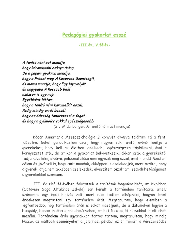 Pedagógiai Gyakorlat Esszé. III - Ev, Vfelev | PDF