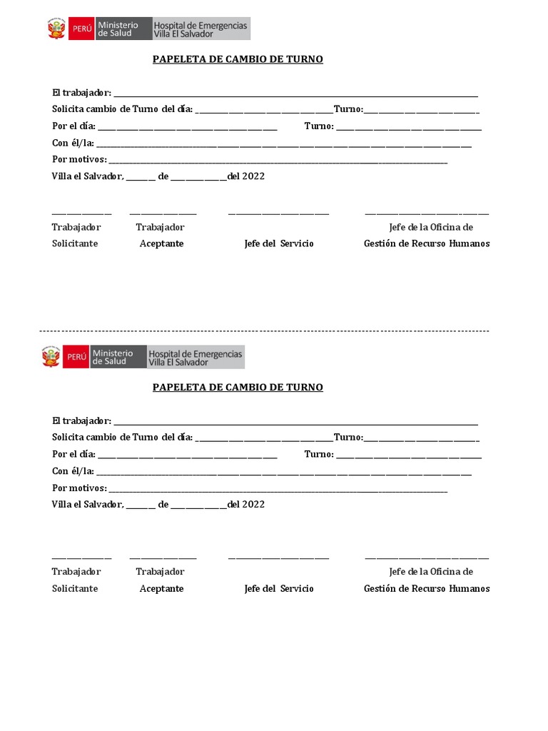 Papeleta Cambio de Turno | PDF | Finanzas y dinero