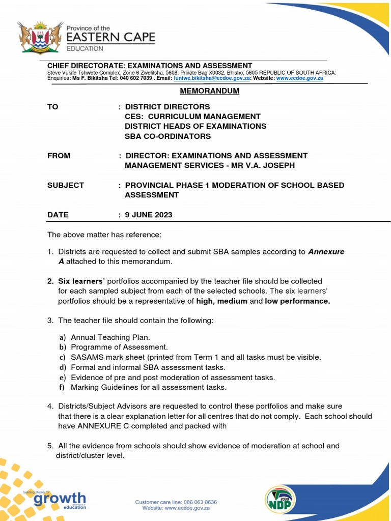 2023 Centralised Moderation of Sba Memo Sampled Schools Moderators | Download Free PDF | School ...