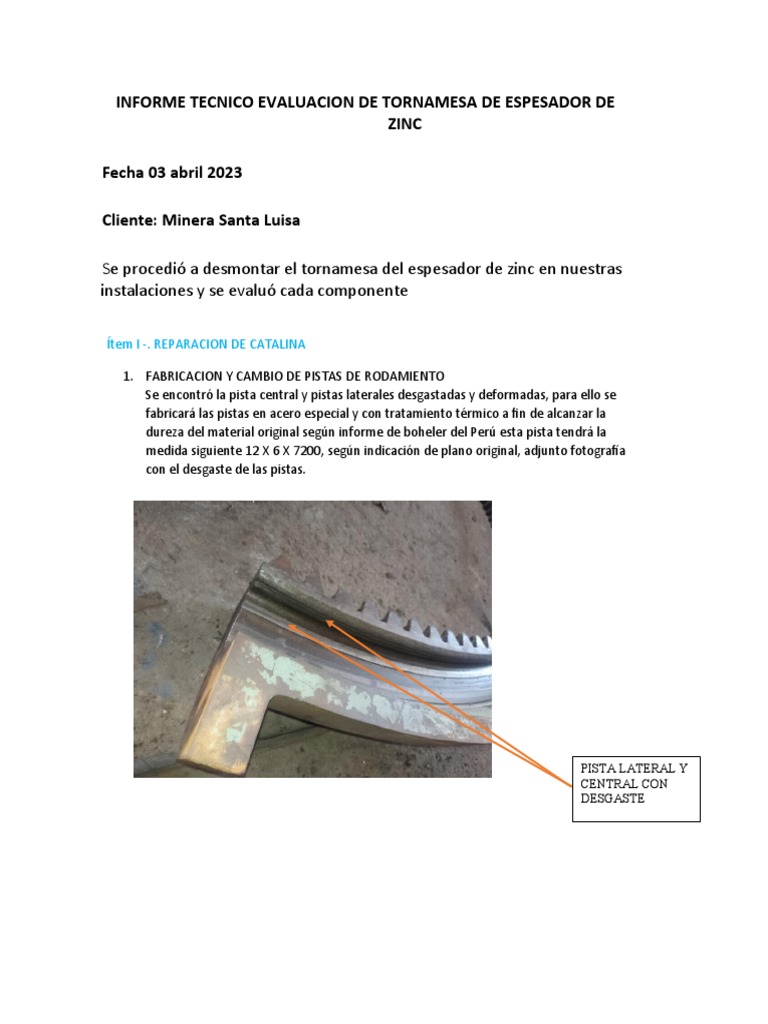 INFORME TECNICO REPARACION DE TORNAMESA ESPESADOR DE ZINC REV. Om1 | PDF