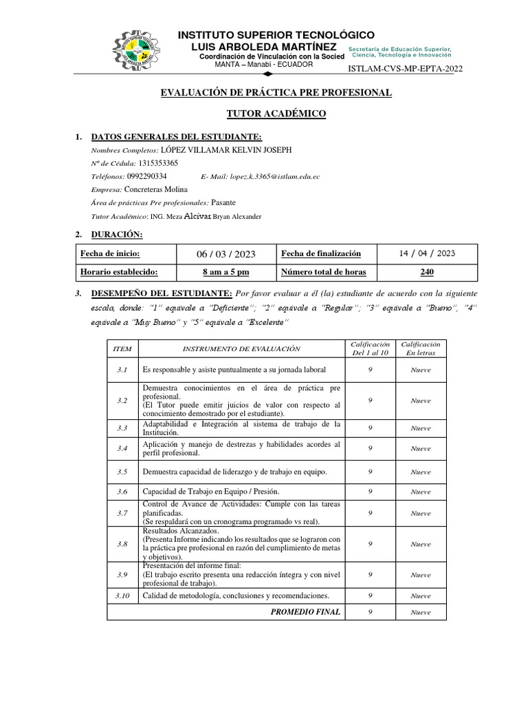 Evaluación Del Tutor Académico | PDF | Evaluación