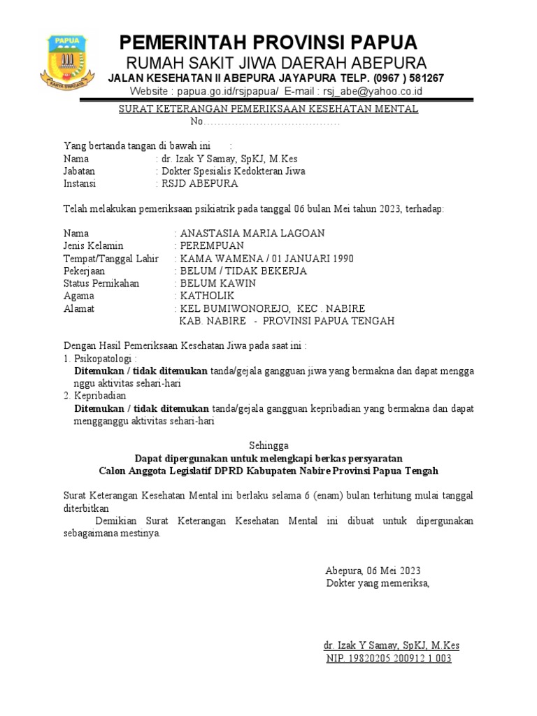 Surat Keterangan Kesehatan Mental Nabire | PDF | Pengembangan Diri