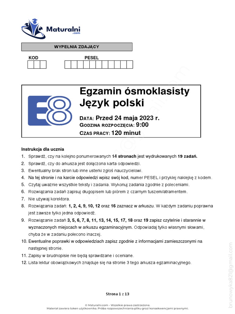 Arkusz próbny E8 Maturalni język polski | PDF