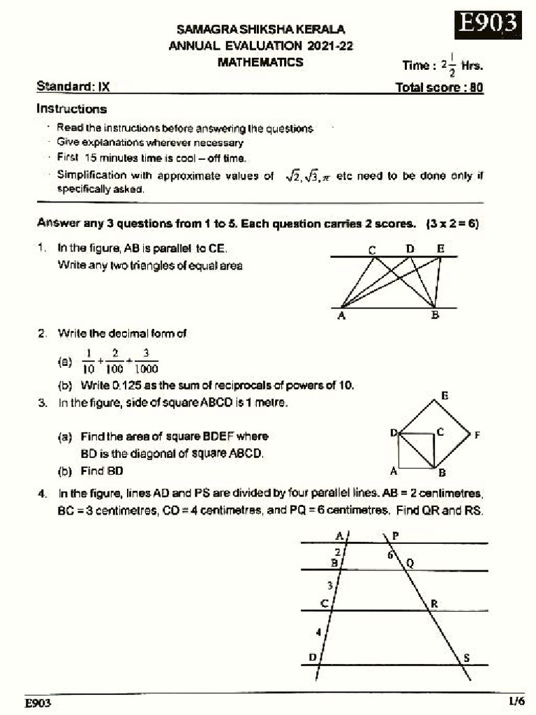 Kerala Class 9 Annual Exam 2022 Question Paper - MATHS (Eng Med) | PDF