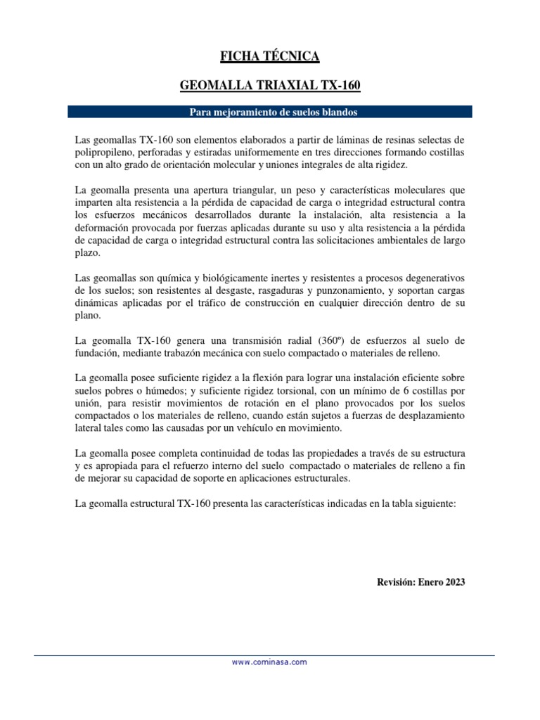 Ficha Técnica Geomalla Triaxial TX-160 | PDF | Rigidez | Ingeniería ...