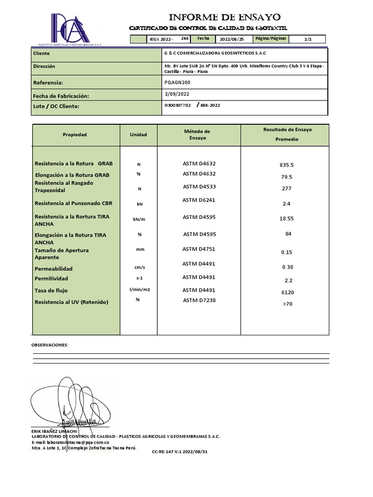 Certificado Calidad Geotextil 200 GR | PDF Certificado Calidad Geotextil 200 GR | PDF