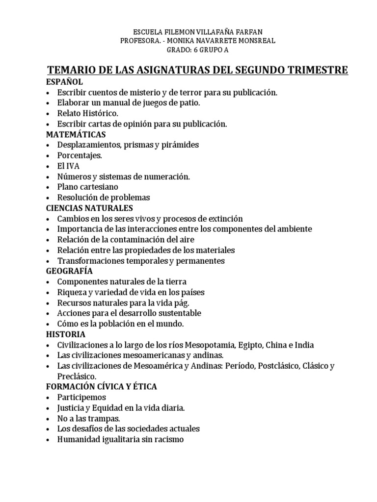 Temario Sexto Grado | PDF