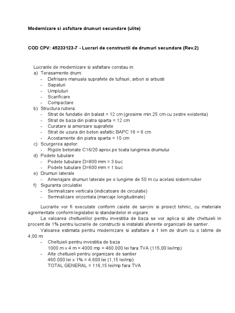Modernizare si asfaltare drumuri secundare _ulite_ | PDF