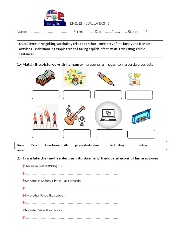 English Evaluation 1 Fifth Grade | PDF