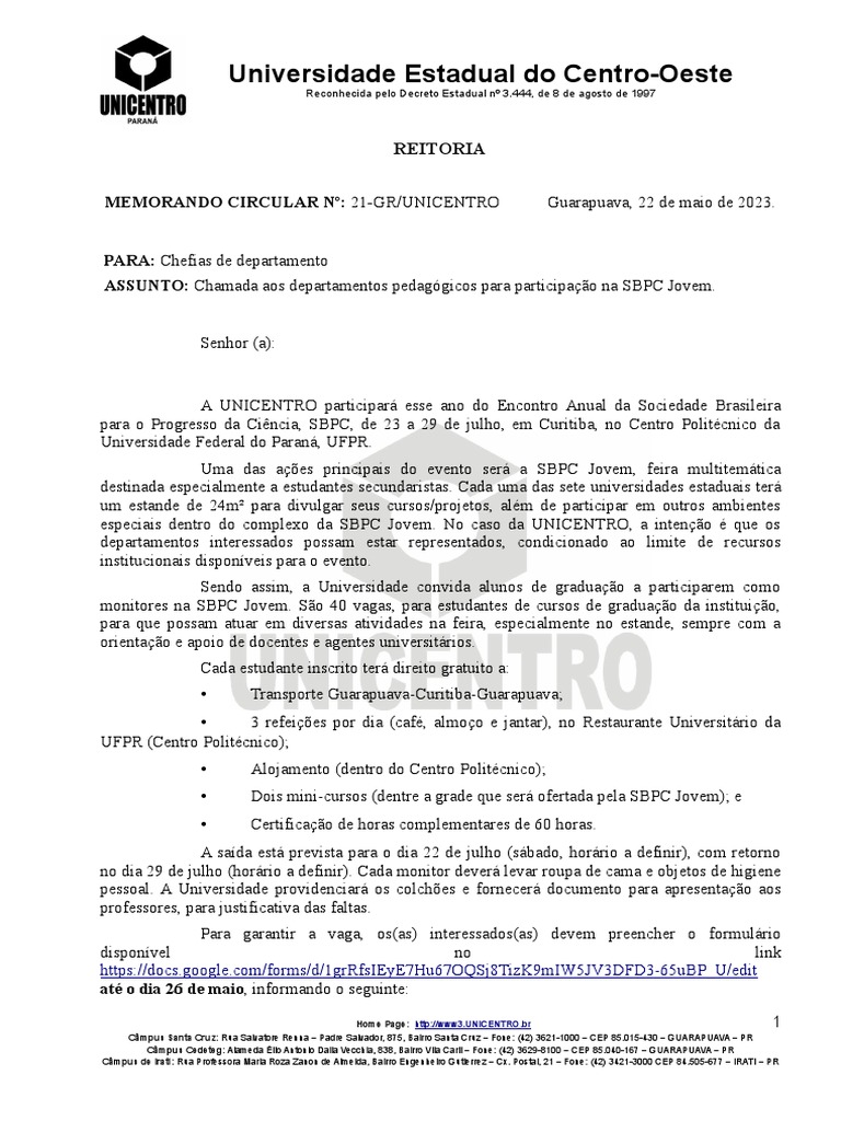 Memorando Circular Nº 21-GR-UNICENTRO-2023 | PDF