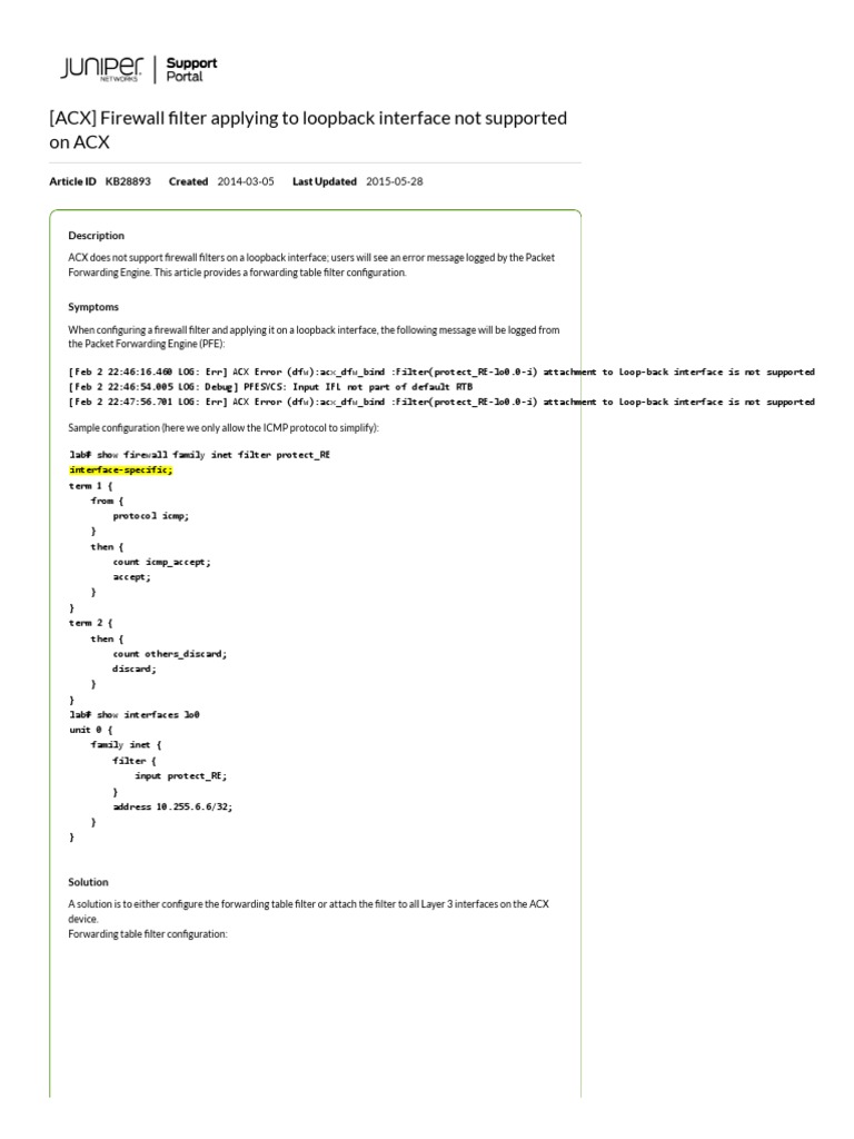 ACX Loopback Interface Firewall Filter Limitations | PDF