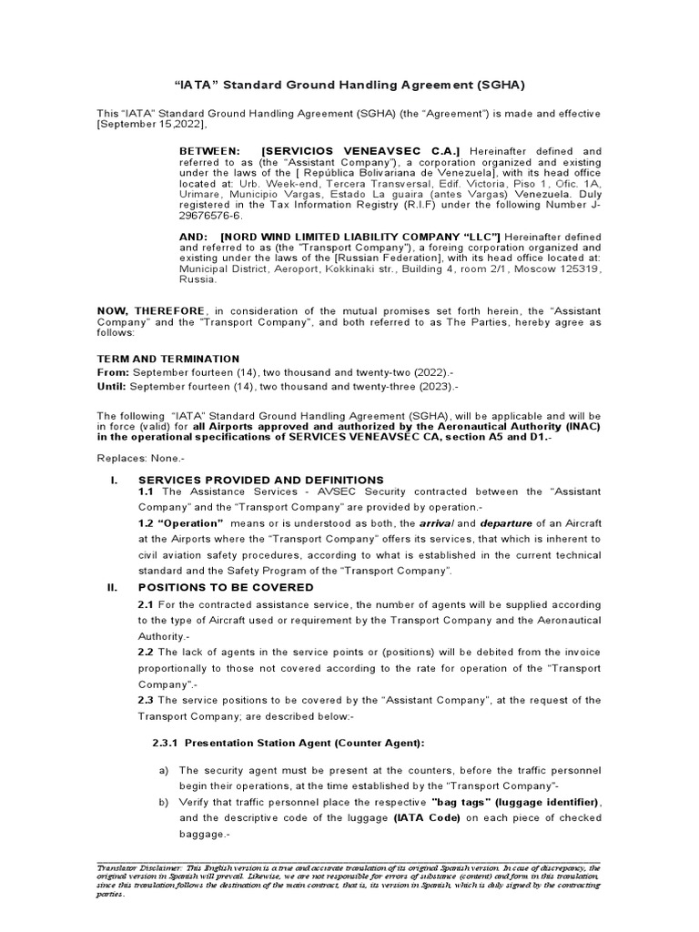Final Draft "IATA" Standard Ground Handling Agreement (SGHA) Version ...