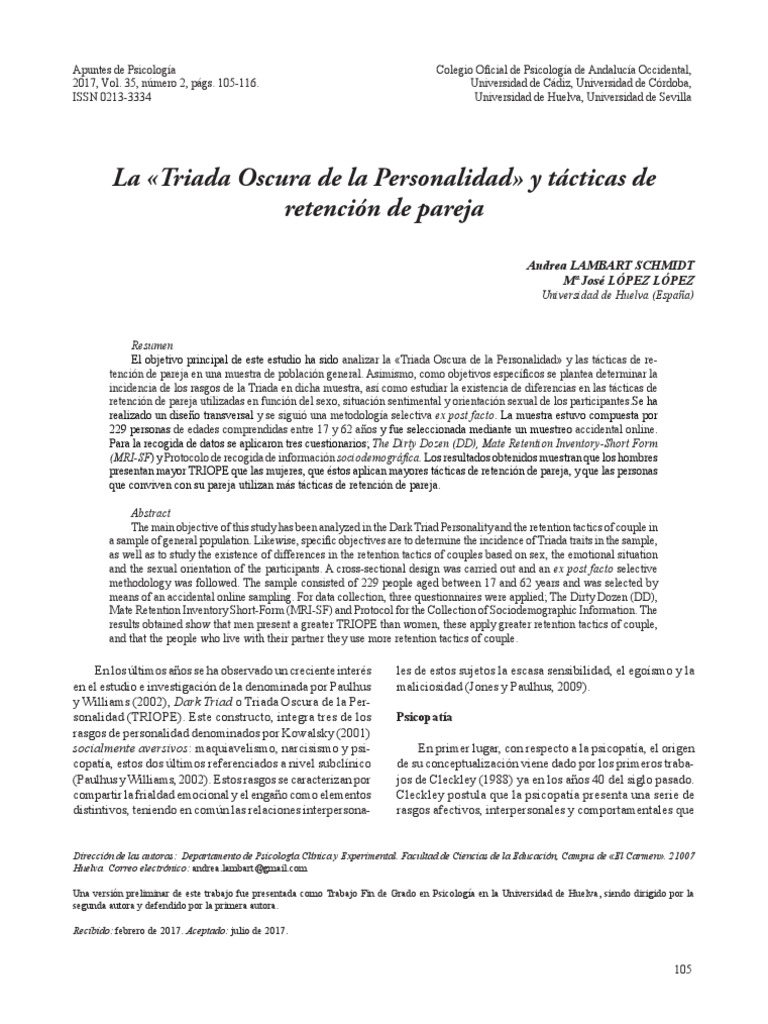 La Tríada Oscura de La Personalidad y Tácticas de Retención de Pareja | PDF | Narcisismo ...
