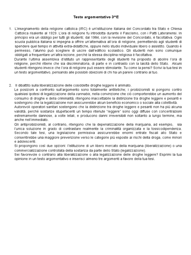 Tracce Testo Argomentativo 3E | PDF