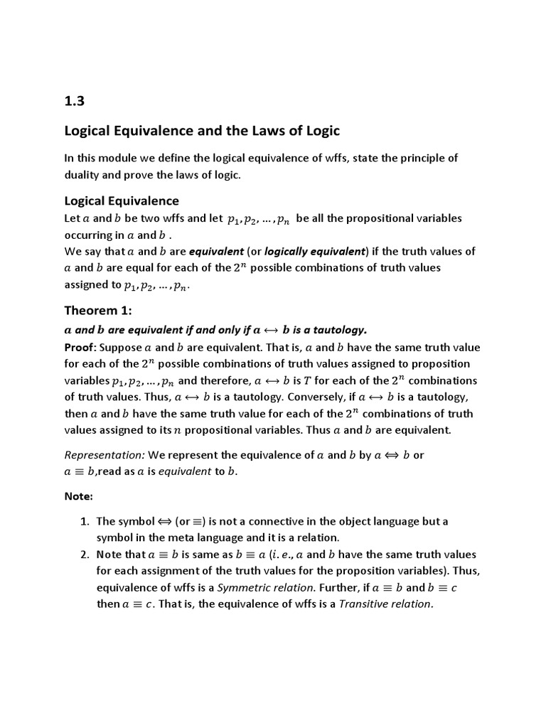 1.3 Logical Equivalence and The Laws of Logic | PDF | Theorem ... 1.3 Logical Equivalence and The Laws of Logic | PDF | Theorem ...