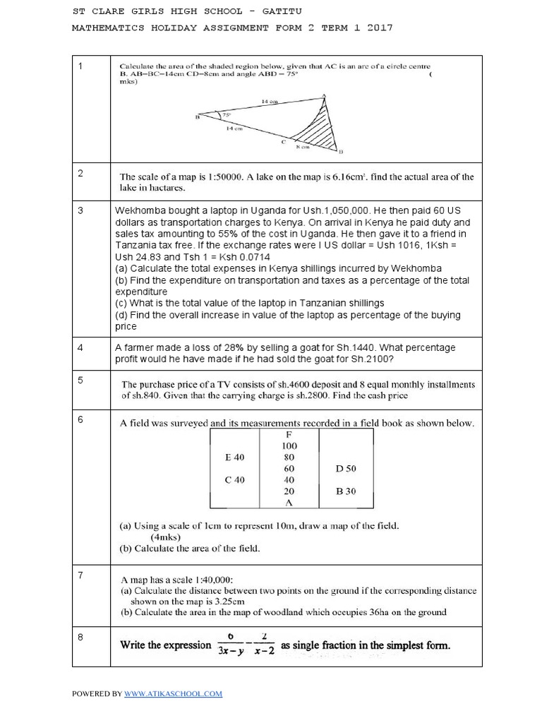 Holiday Assignment Form 2 Term 12017 | PDF