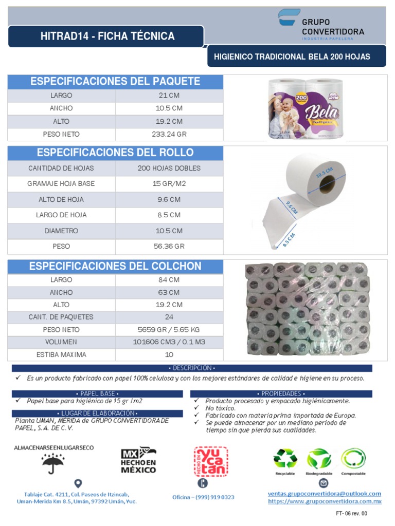 Ficha Técnica Papel Higiénico Bela 200 Hojas | PDF