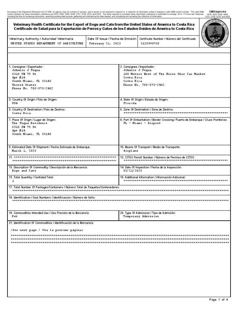 Veterinary Export Certificate: USA to Costa Rica | PDF | Medicine ...