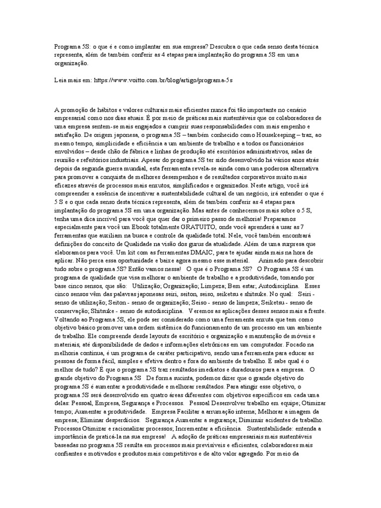Como Implantar Programa 5S | PDF | Sustentabilidade | Qualidade (negócios)