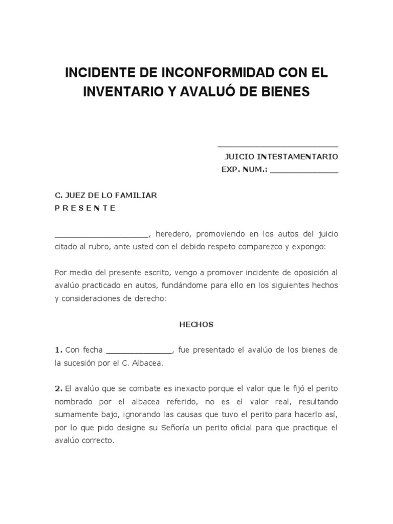 Incidente de Inconformidad Con El Inventario y Avalúo de Bienes | PDF