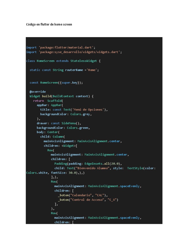 Código en flutter de home screen | PDF