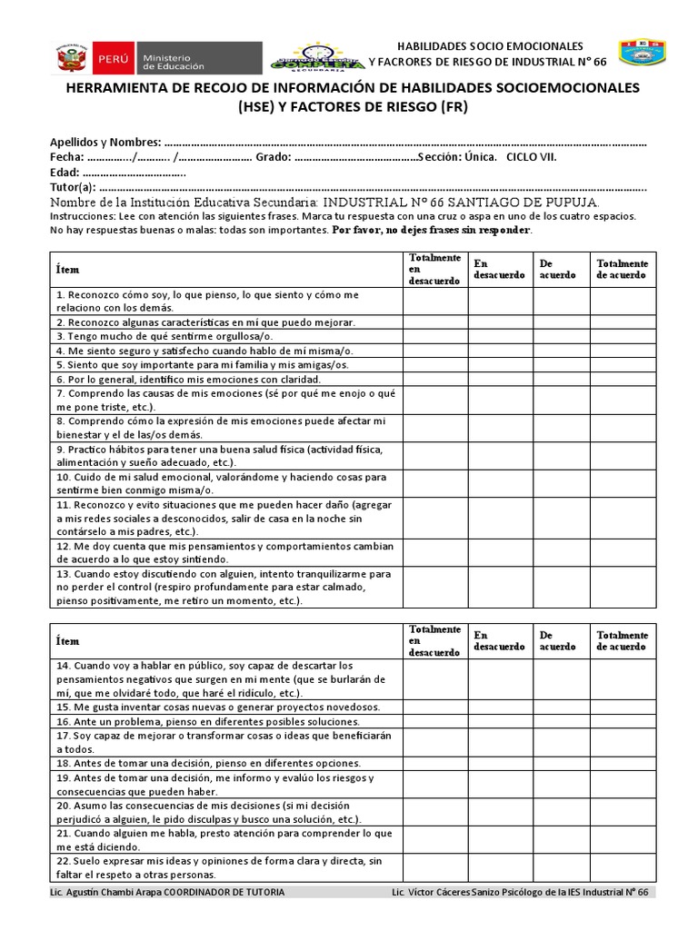 Herramienta de Recojo de Información de Habilidades Socioemocionales ...