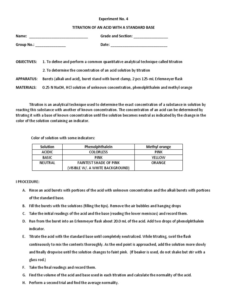 Acid-Base Titration Experiment Guide | PDF | Titration | Chemistry