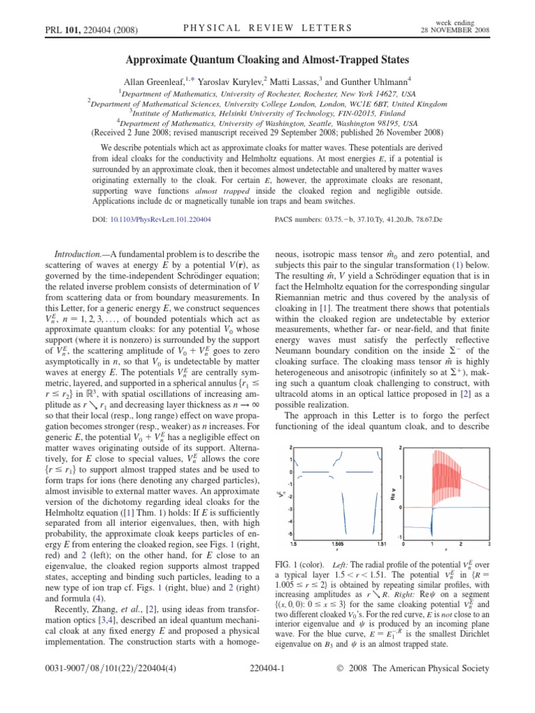 2008 - PRL. Approximate Quantum Cloaking and Almost-Trapped States | PDF