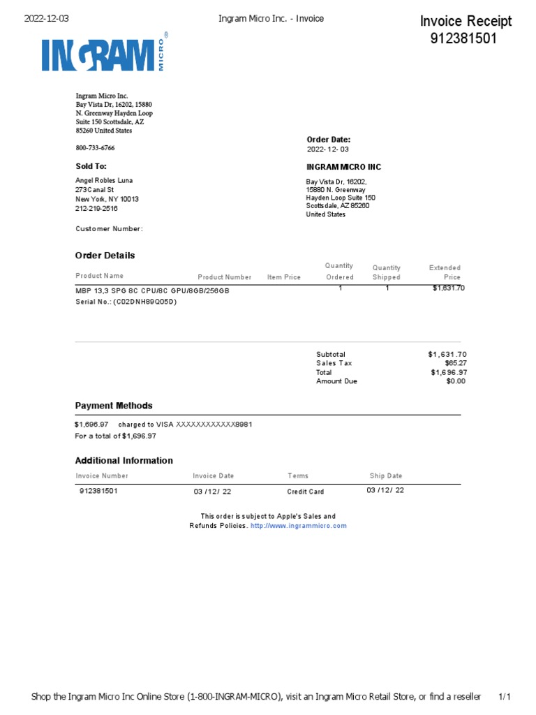 Ingram Micro Invoice for MBP Purchase | PDF