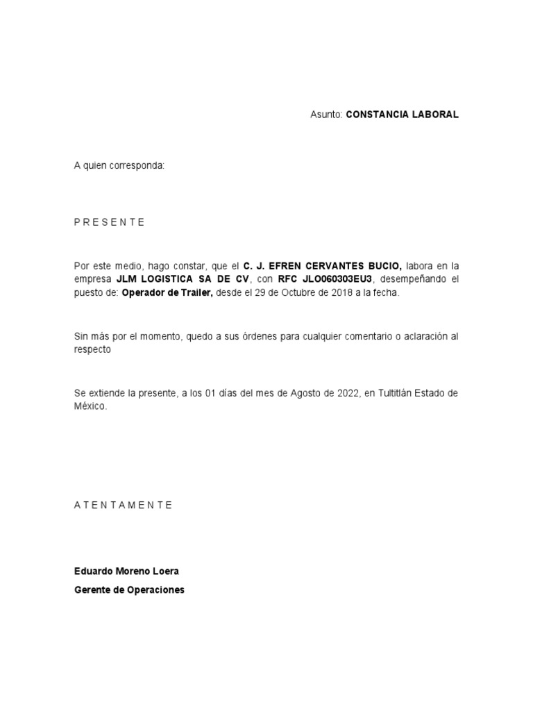 Carta de Recomendacion - Constancia Laboral | PDF