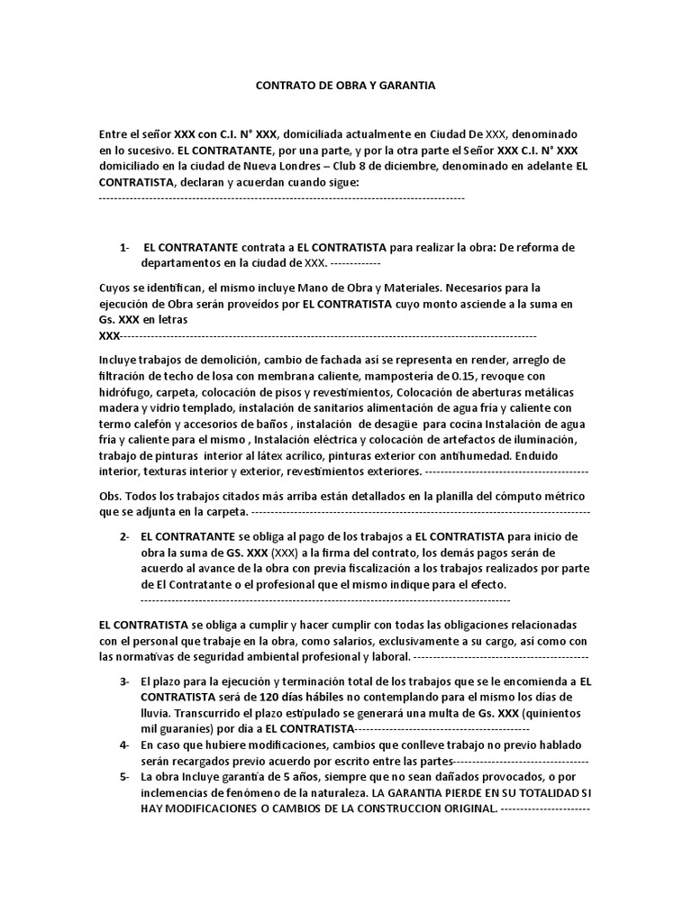 Modelo de Contrato de Obra y Garantia | PDF
