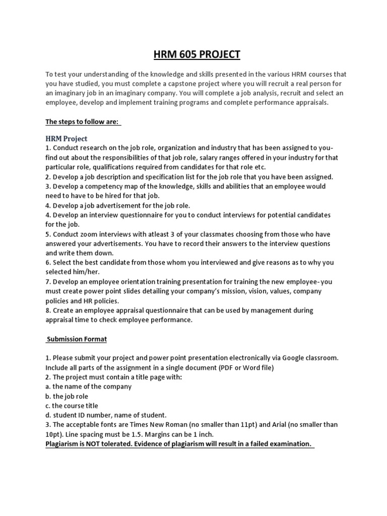 HRM 605 PROJECT GUIDELINES Updated | PDF