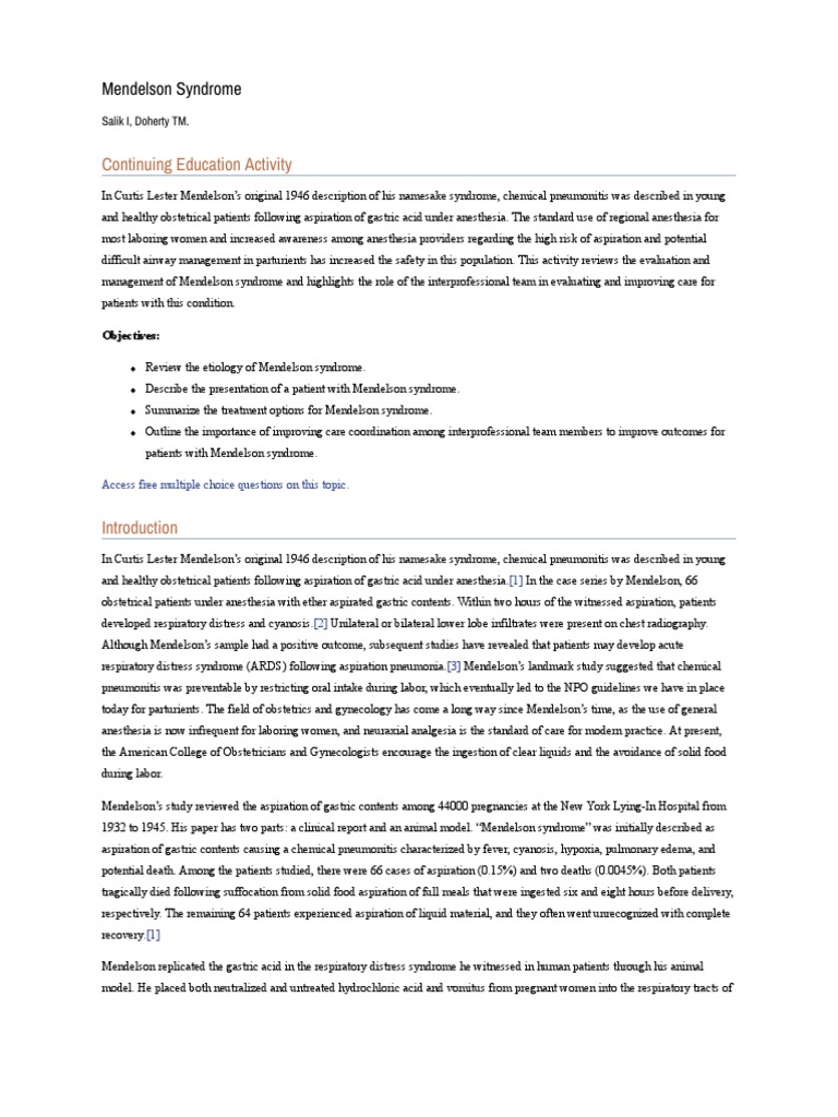 Mendelson Syndrome Statpearls Ncbi Bookshelf Pdf Pneumonia