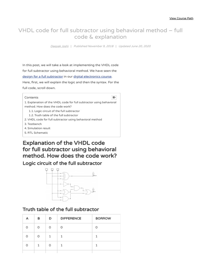 Vhdl Code For Full Subtractor Using Behavioral Method Full Code And Explanation Pdf