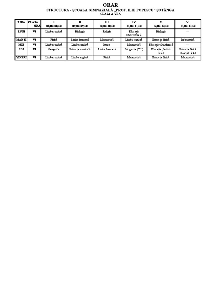 ORAR - 2022-2023 - Clasa VI | PDF