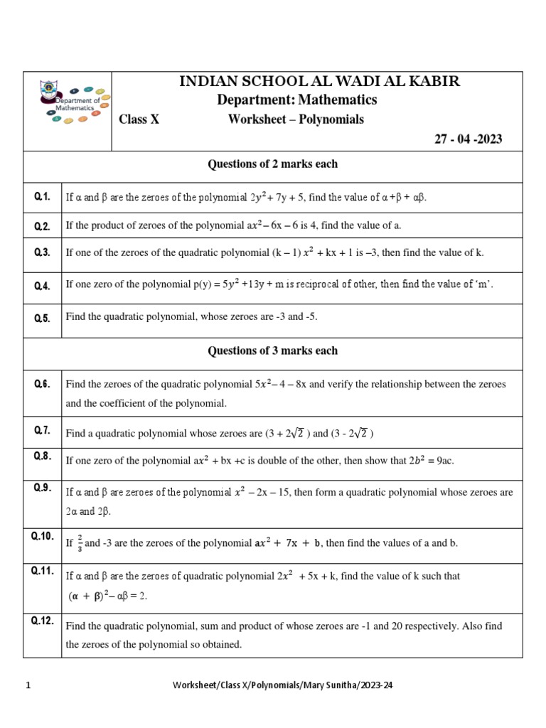 X WS Polynomials DTQ M.Sunitha 2023-24 | PDF | Polynomial | Zero Of A Function