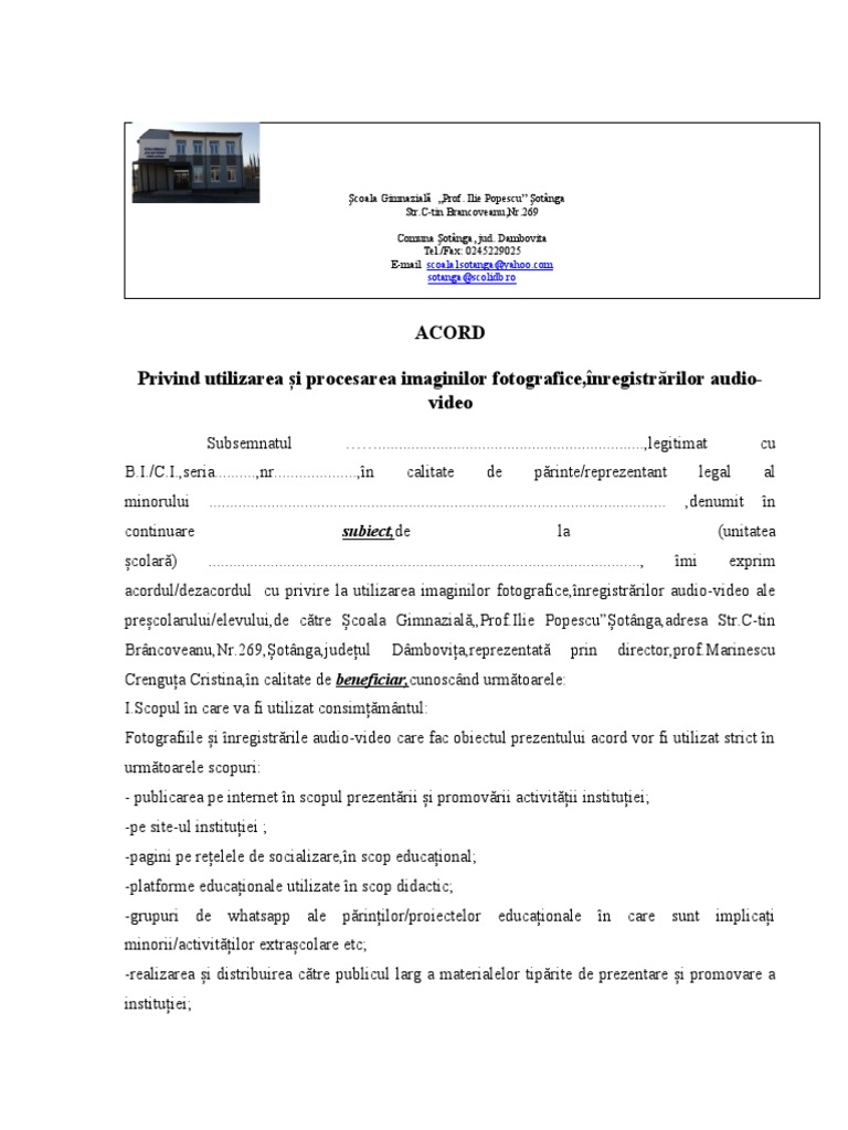 Acord Utilizare Procesare Imagini Inregistrari Minori | PDF
