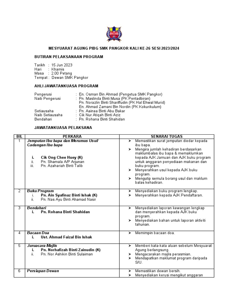 Ajk Pelaksana Mesyuarat Agung Pibg 2023-2024 | PDF