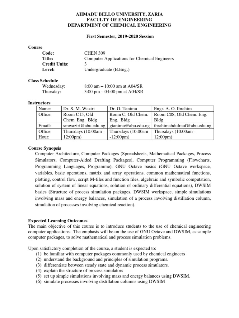 CHEN309 Syllabus | PDF | Equations | Computing