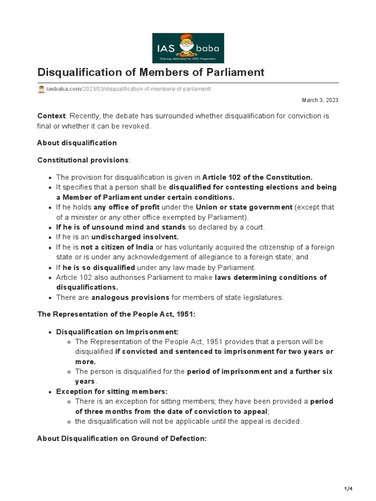 Disqualification of Members of Parliament | PDF | Separation Of Powers ...