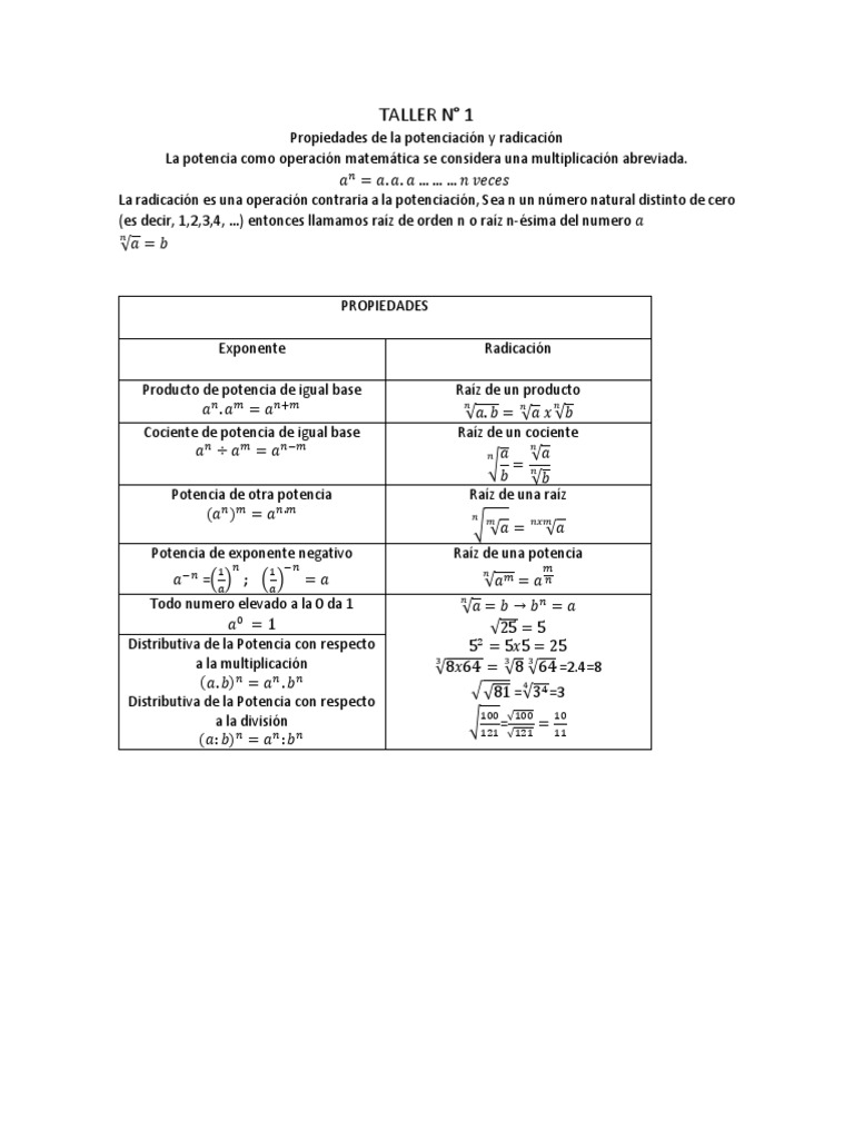 Propiedades de La Potenciación y Radicación Taller 1 y 2 Tercero y ...