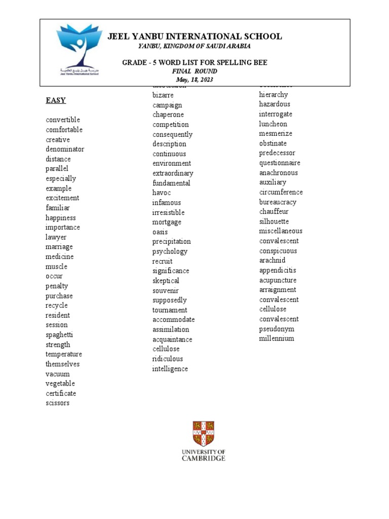 Grade 5 Spelling Bee Word List | PDF