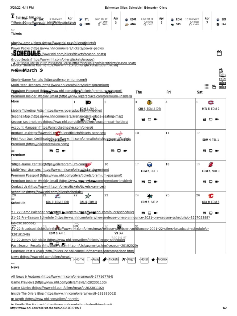 Edmonton Oilers 2022-23 Schedule | PDF